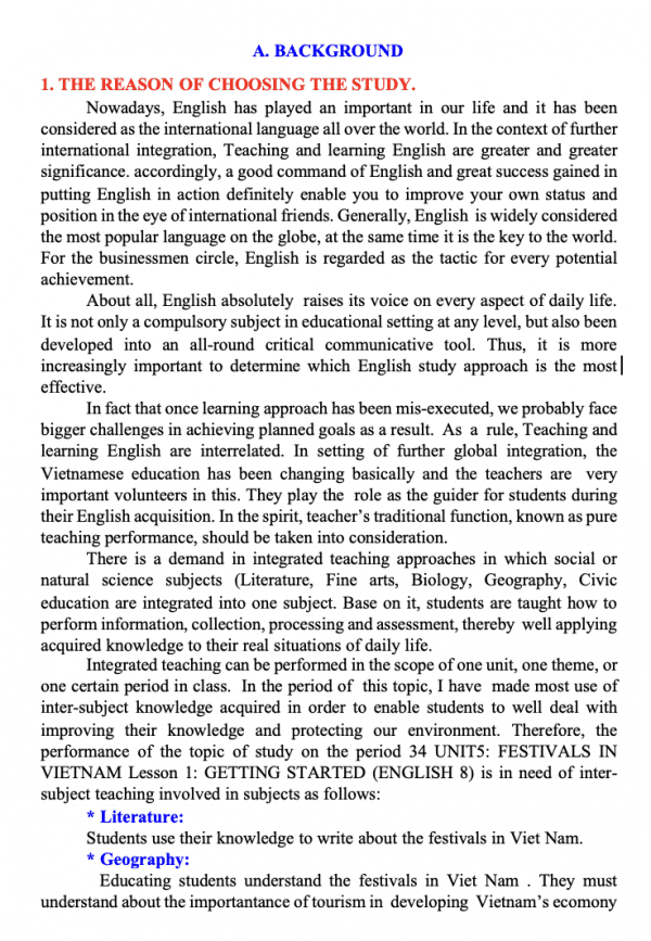 SKKN KKN Period 34 unit 5: Festivals in vietnam lesson 1: Getting started (English 8)