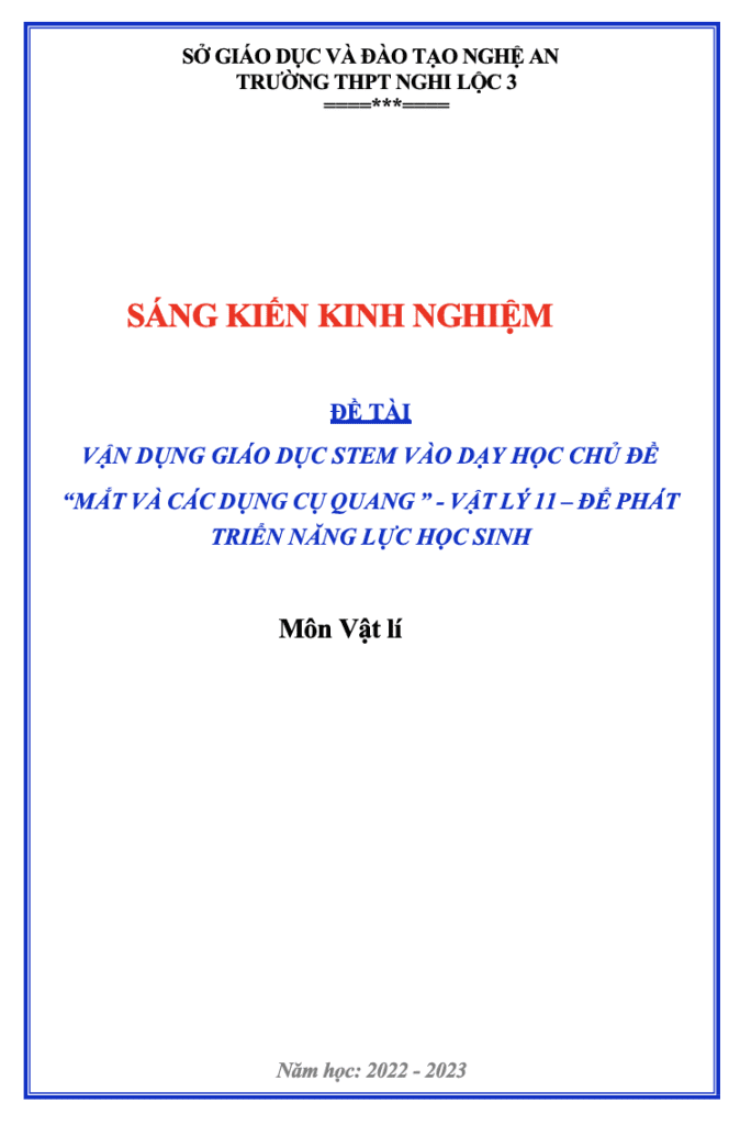 SKKN Vận dụng giáo dục STEM vào dạy học chủ đề “ Mắt và các dụng cụ quang” – Vật lý 11 – để phát ...